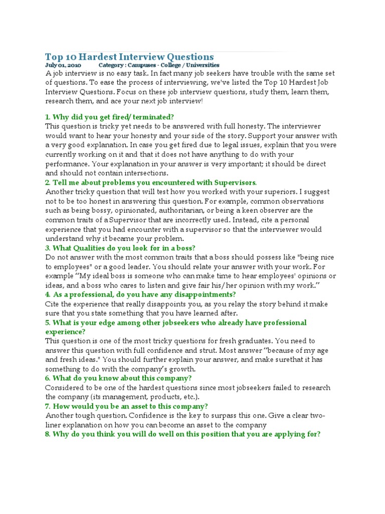 Top 10 Hardest Interview Questions | PDF | Job Interview | Politics ...