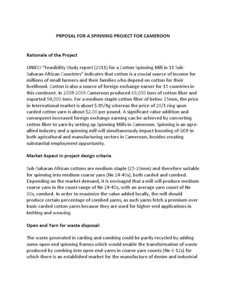 Spinning Mill Proposal for Cameroon | PDF | Spinning (Textiles) | Yarn