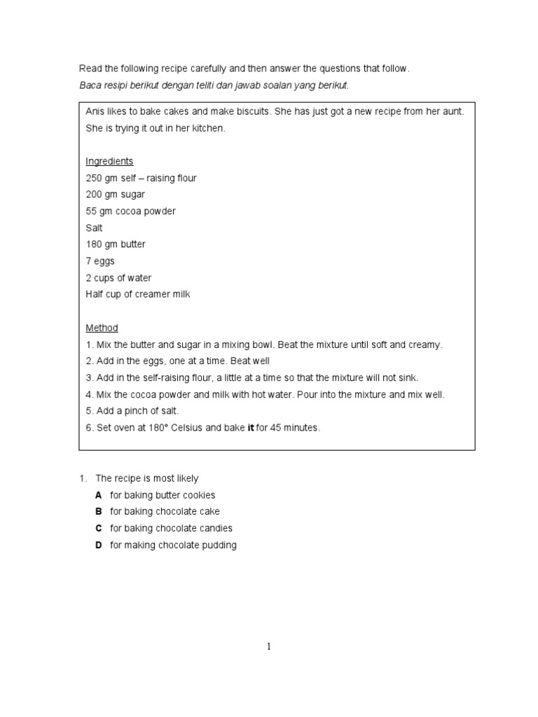 A Recipe for Chocolate Cake: Instructions and Comprehension Questions ...