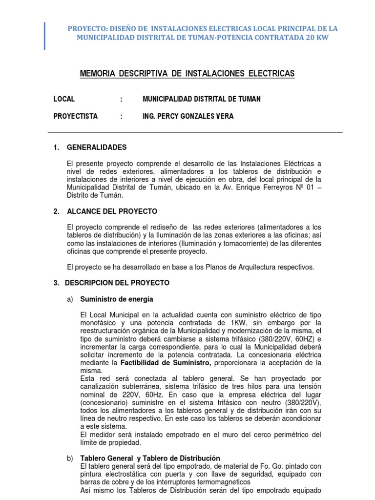 Memoria Descriptiva de Instalaciones Electricas | PDF | Resistencia Eléctrica y Conductancia ...