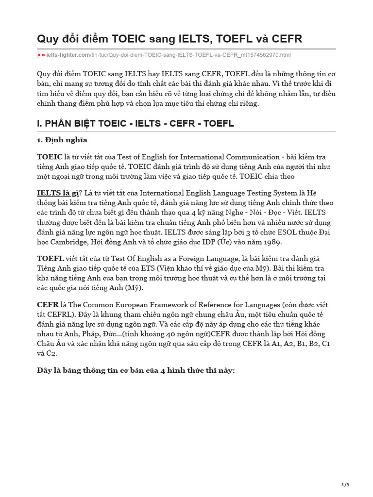 Quy đổi điểm TOEIC sang IELTS TOEFL và CEFR | PDF