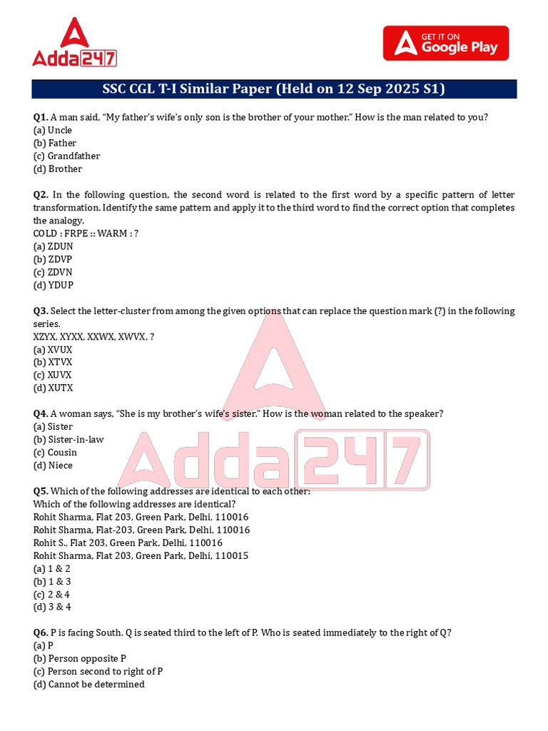 SSC CGL T I Similar Paper Held on 12 Sep 2025 S1 | PDF | Adenosine ...