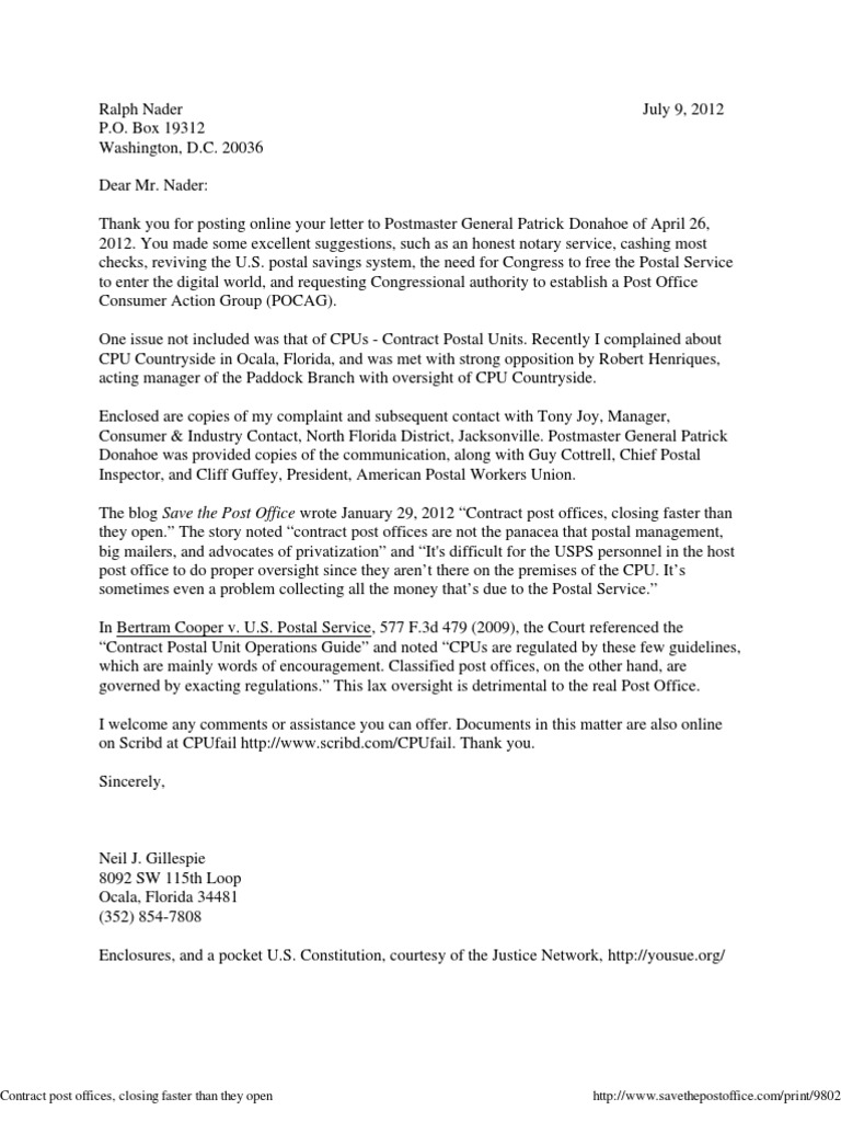 Letter To Ralph Nader, US Postal Service, July-09-2012 | PDF | United ...