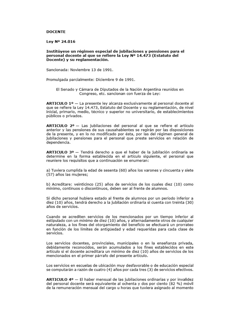 Ley 24016.PDF Jubilacion Docente | PDF | Jubilación | Pensión