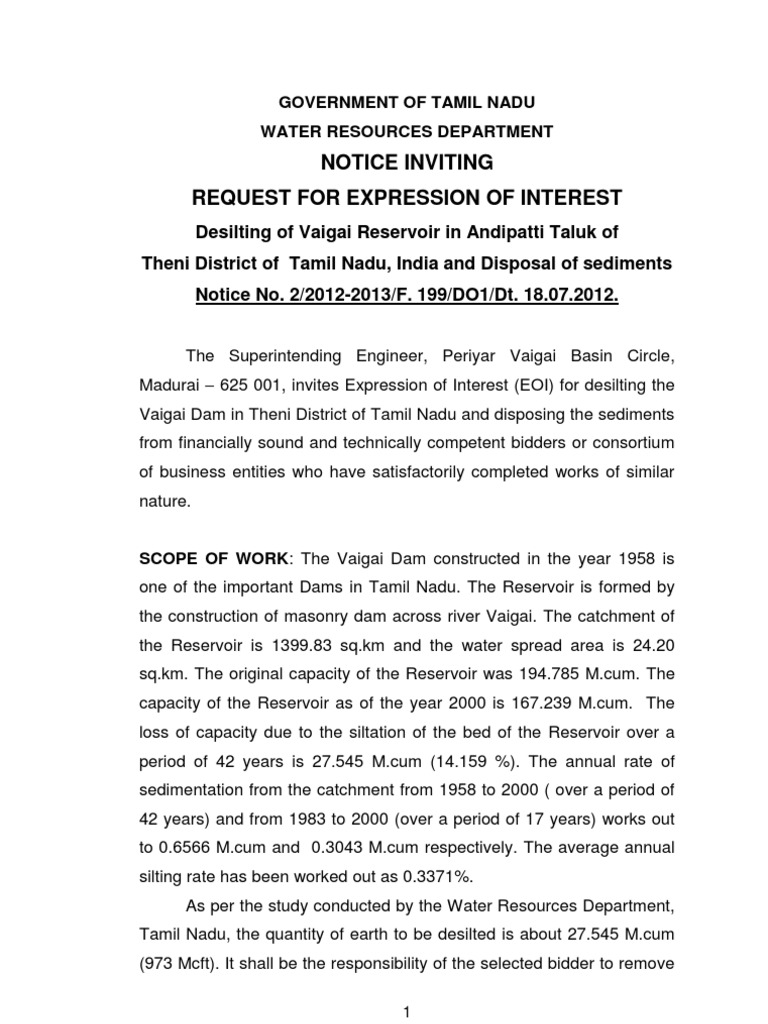 Desilting of Vaigai Reservoir EOI Final and Format | PDF | Request For Proposal | Government