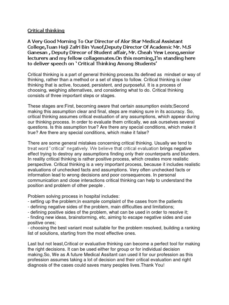 Critical Thinking Among Medical Assistant Students | PDF | Critical ...