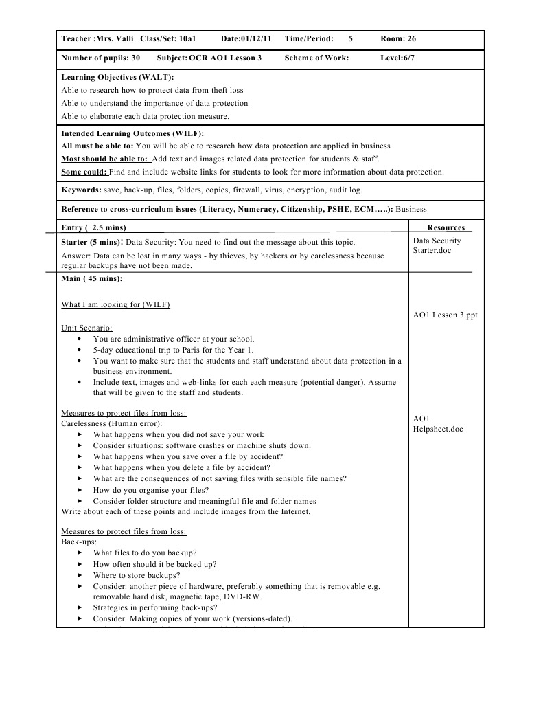 Lesson Plan 10a1 Ao1 3 | PDF | Backup | Computer File
