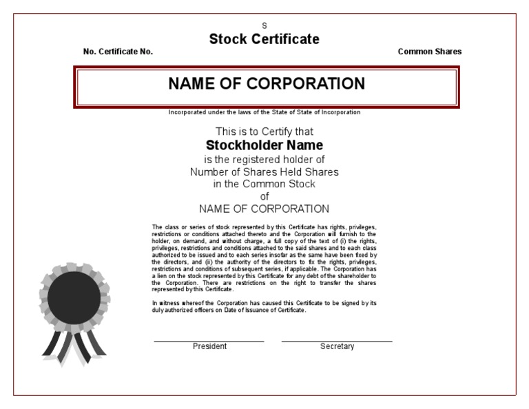 Common Stock Certificate | PDF | Corporations | Stocks