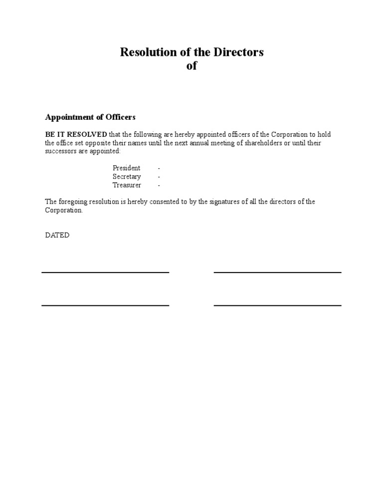 Directors' Resolution Appointing Officers | PDF