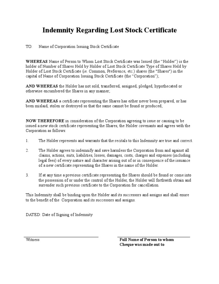 Indemnity Regarding Lost Share Certificate | PDF