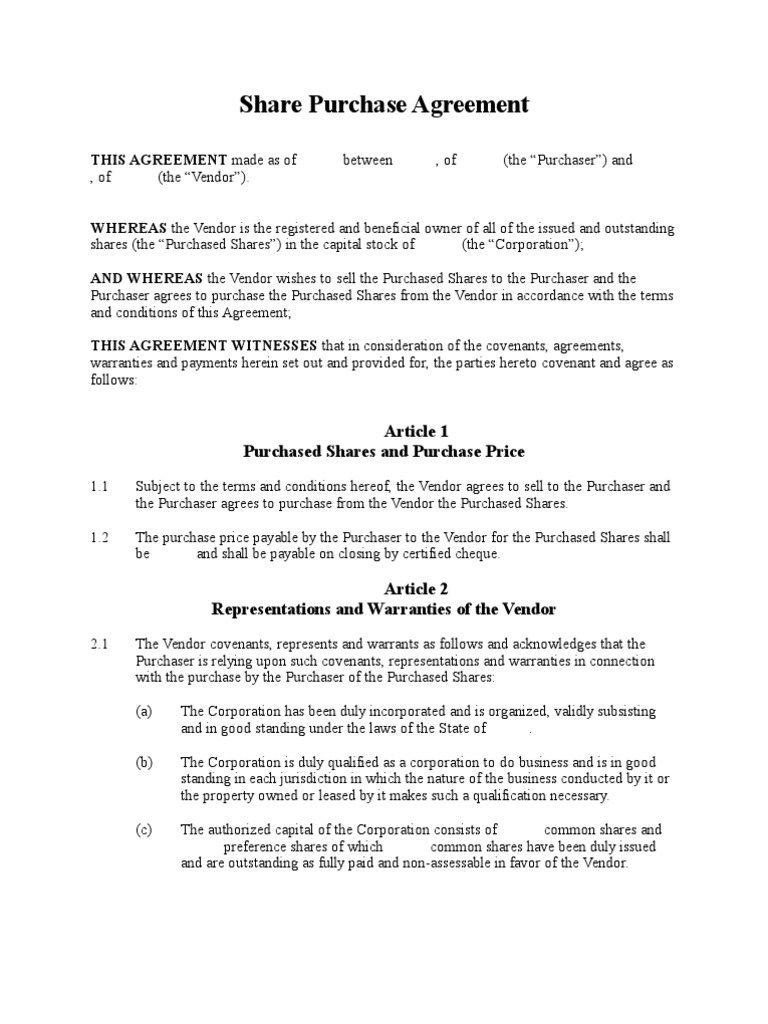 Share Purchase Agreement (Short Form) | PDF | Indemnity | Securities ...