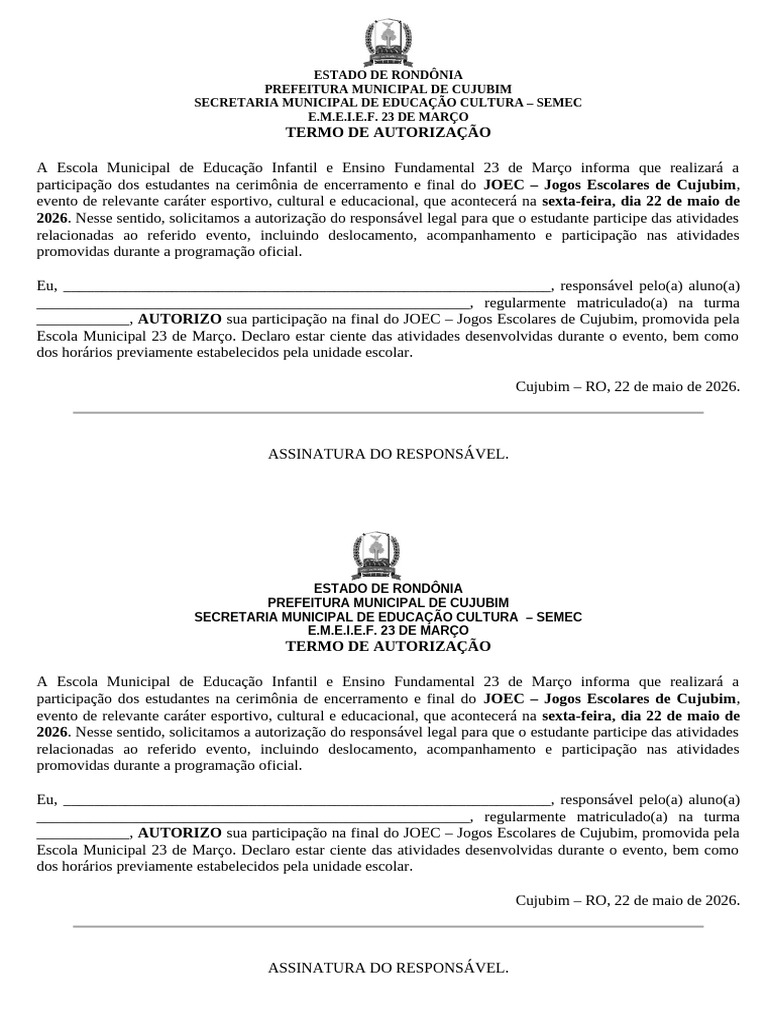 autorização JOEC FINAL DE JOGOS - 2026 | PDF