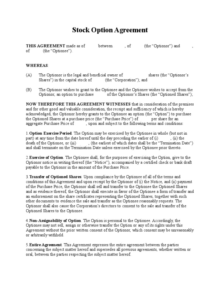 Stock Option Agreement (Shareholder to Optionee) | Stocks | Option ...