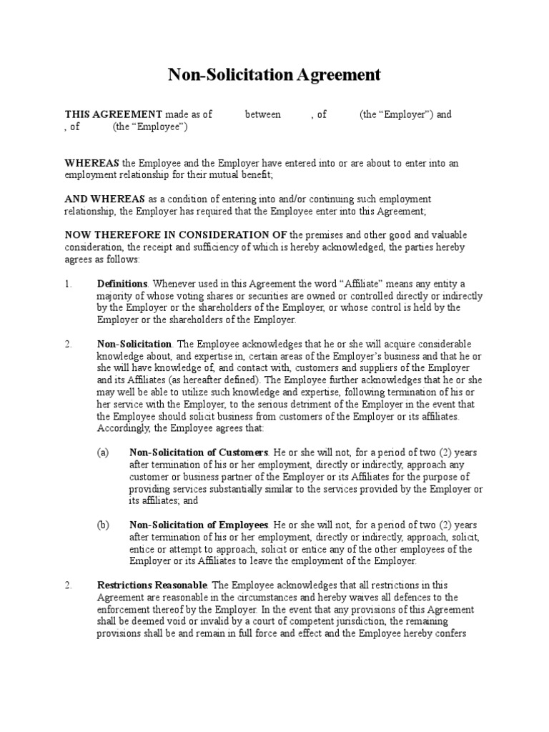 Non-Solicitation of Customers and Employees Agreement | Employment ...
