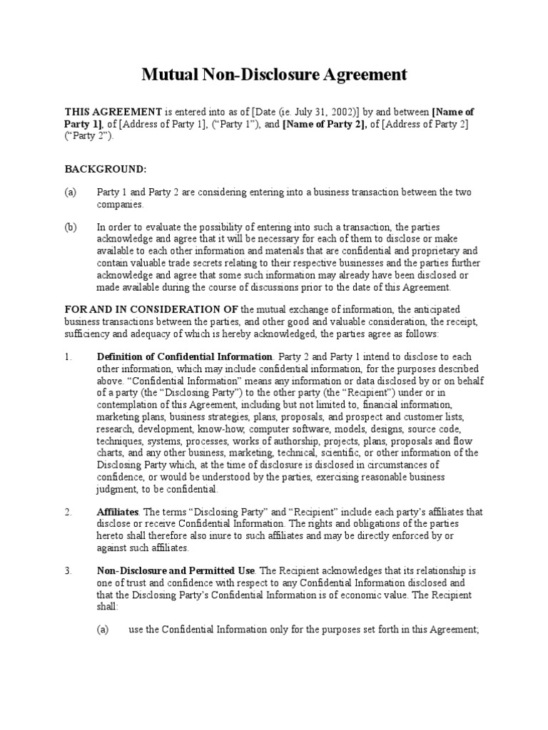 Mutual Non-Disclosure Agreement | PDF | Non Disclosure Agreement ...