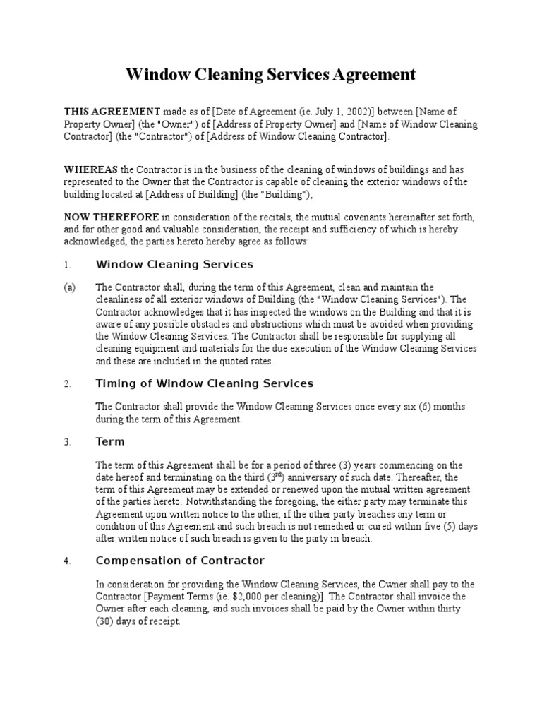 Window Cleaning Services Agreement | Indemnity | Virtue