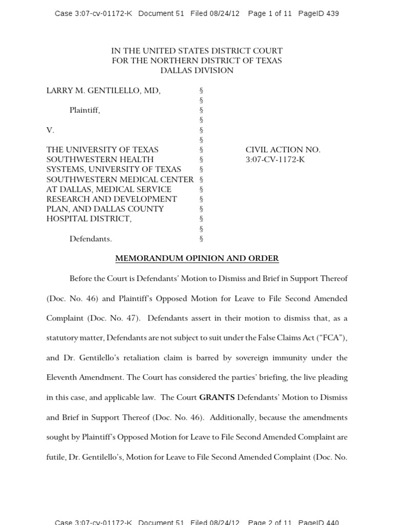 Judge Ed Kinkeade's August Order Granting UTSW's Motion To Dismiss ...
