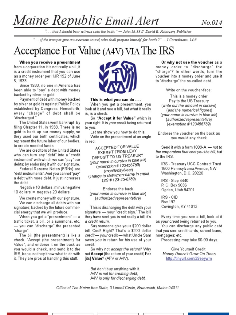 014 - Acceptance For Value A4v | PDF | Money | Internal Revenue Service