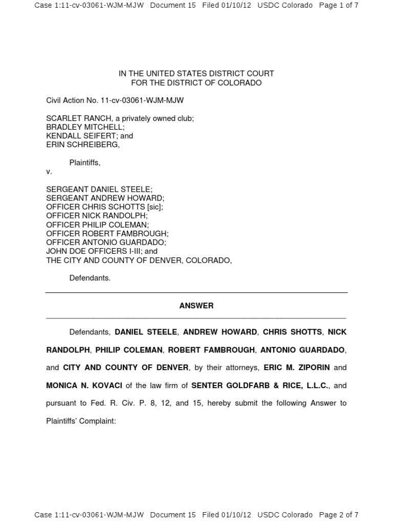 Scarlet Ranch v. Denver Answer | PDF | Discovery (Law) | Plaintiff