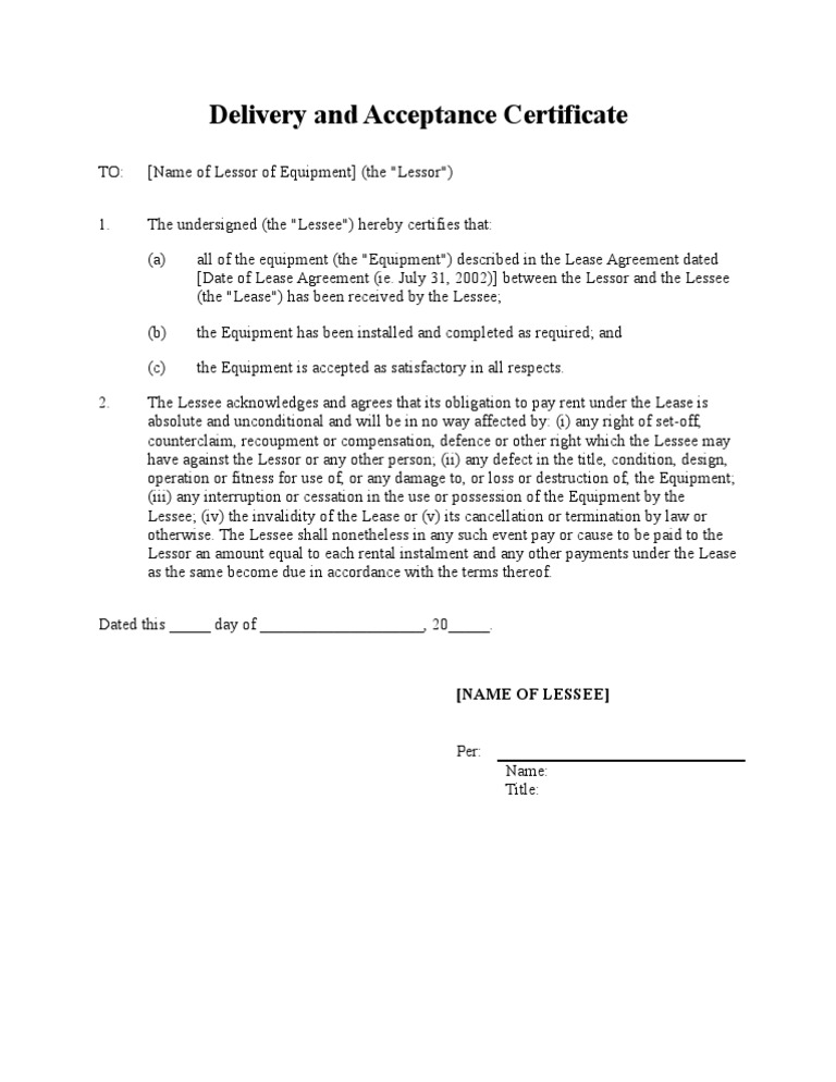Delivery and Acceptance Certificate | PDF