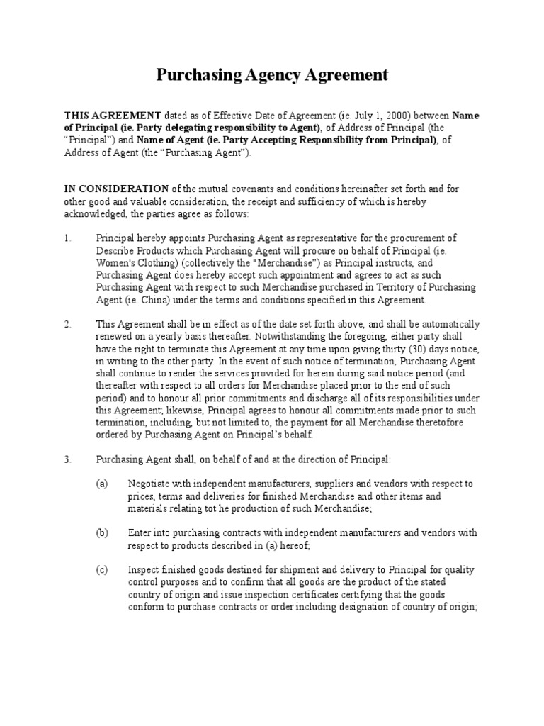 Purchasing Agency Agreement | PDF | Business Law | Business