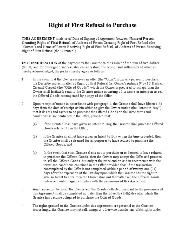 Right of First Refusal Agreement Template | PDF | Contractual Term ...