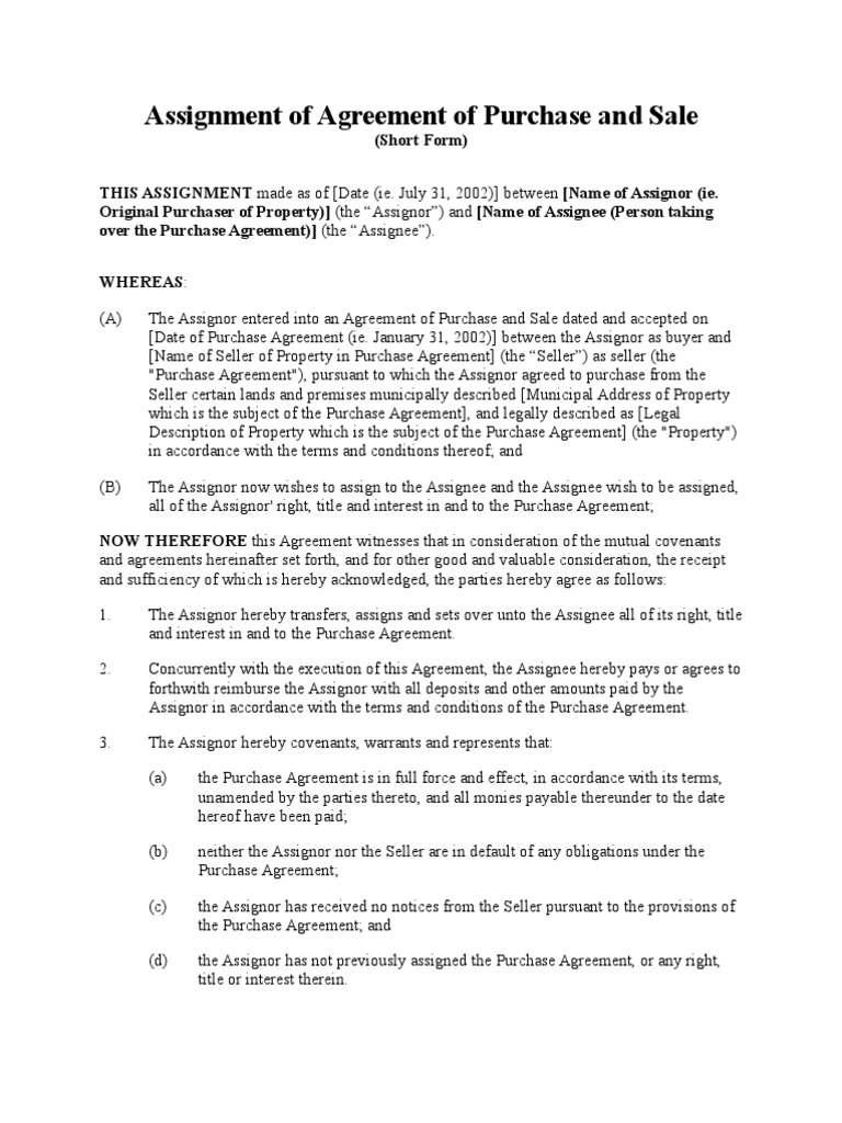 Assignment of Agreement of Purchase and Sale (Short Form) | PDF ...