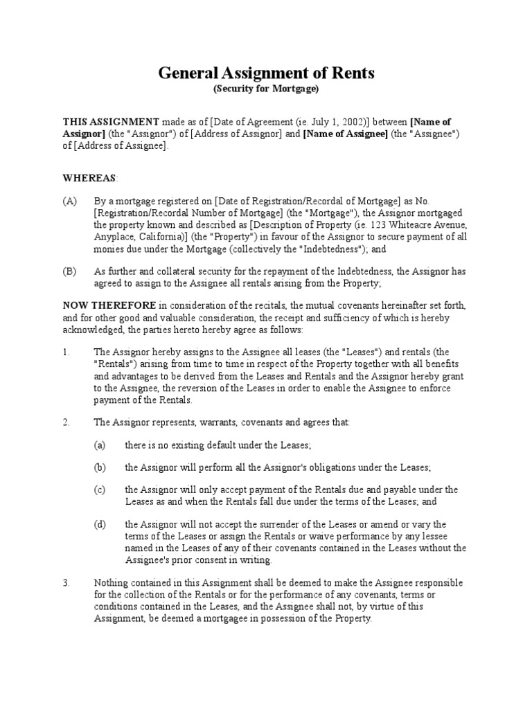 General Assignment of Rents (Security For Mortgage) | PDF | Assignment ...