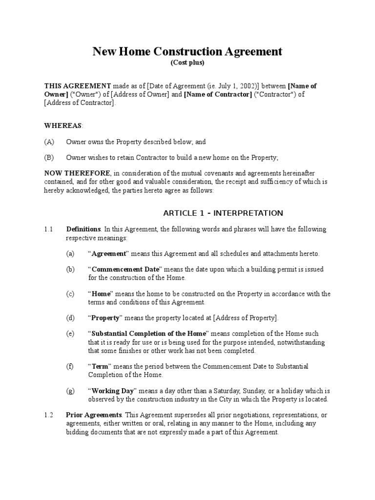 Cost Plus New Home Construction Agreement | PDF | Bankruptcy | Interest