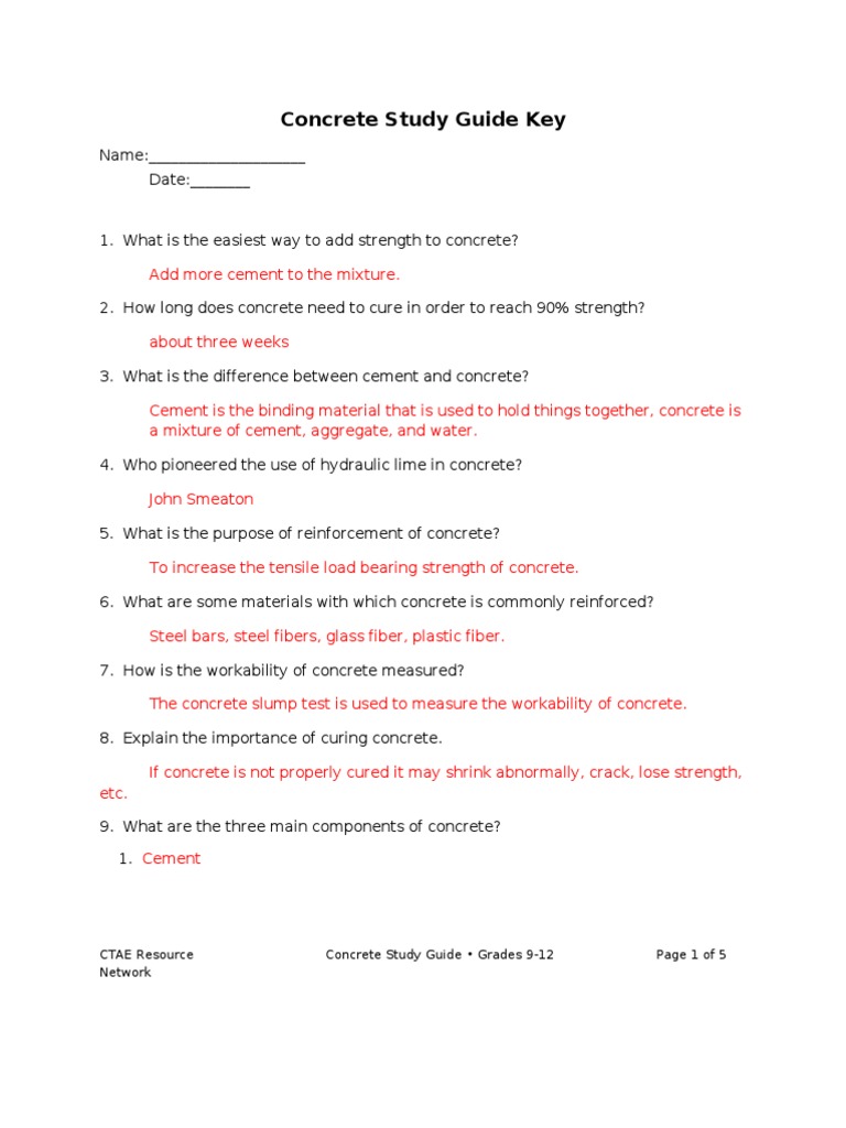 Concrete Study Guide Answer Key | Download Free PDF | Concrete | Cement