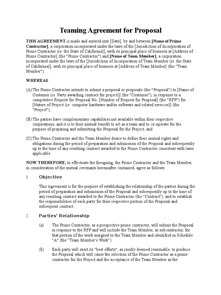 Teaming Agreement For Proposal | PDF | Trade Secret | Trademark