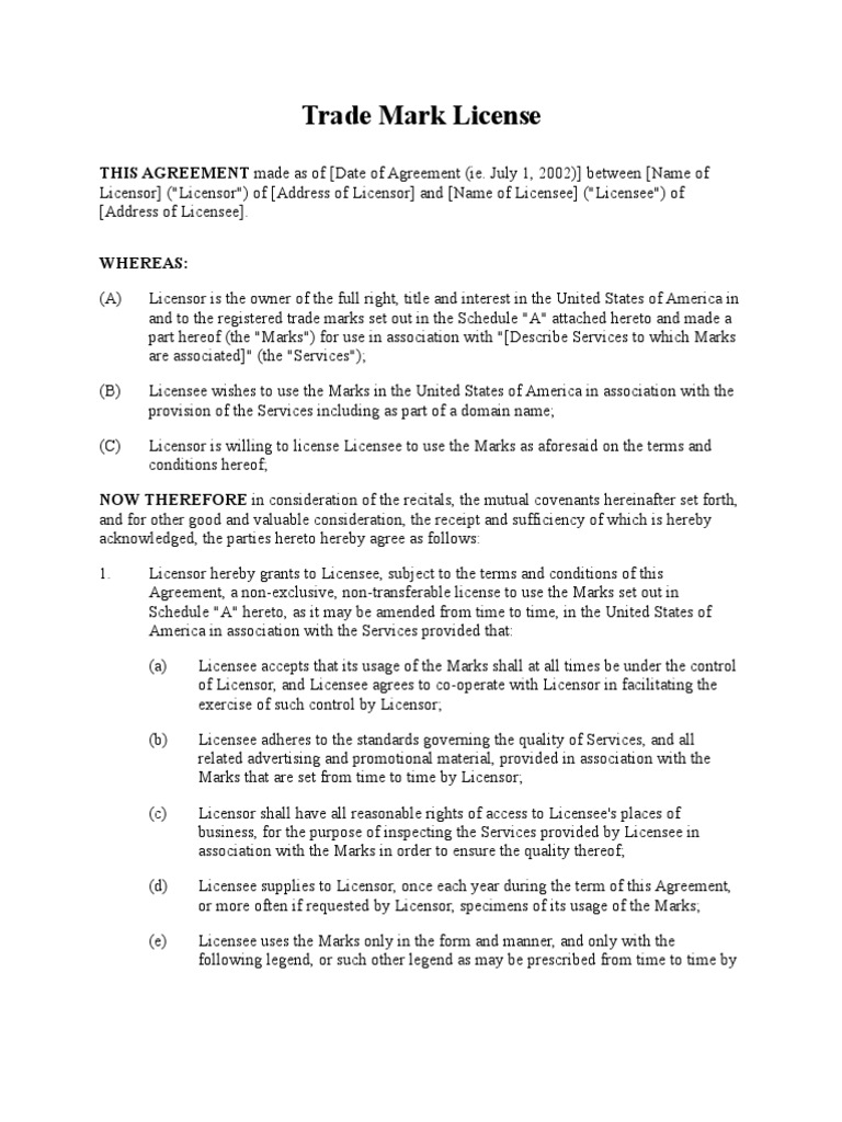 Trade Mark License Agreement Template | PDF | License | Trademark