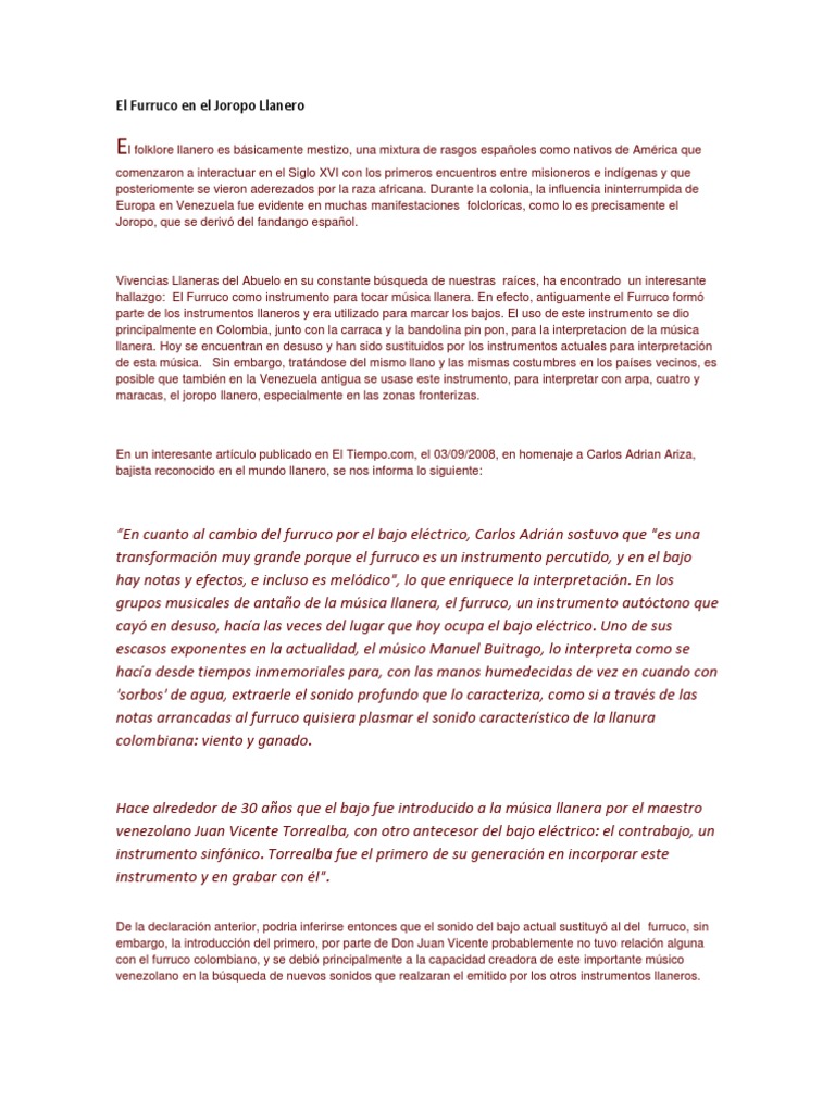 El Furruco: Instrumento del Joropo Llanero | PDF | Bajo | Las artes ...
