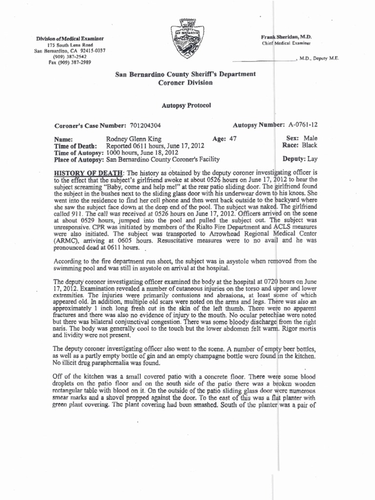 Rodney King Autopsy Report | PDF | Elbow | Anatomical Terms Of Location