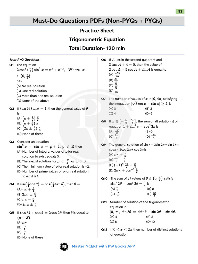 Trigonometric Equation _ Must Do Questions ~ Maths | PDF | Equations ...
