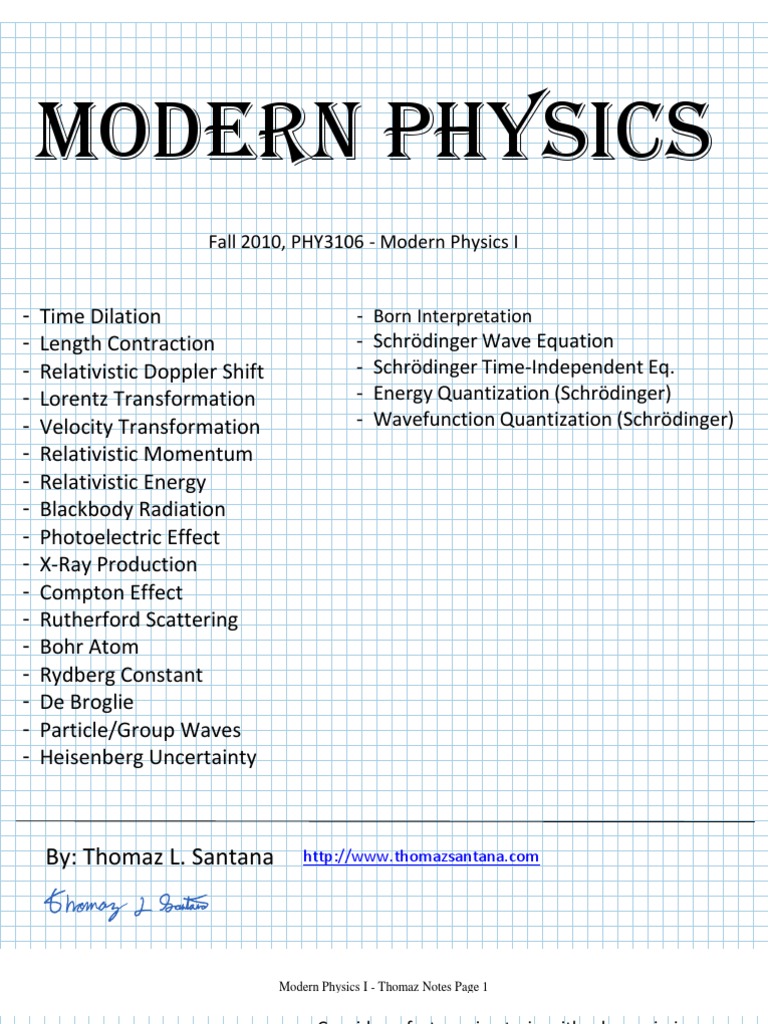 Modern Physics I - Thomaz Notes | PDF | Electron | Wave Function