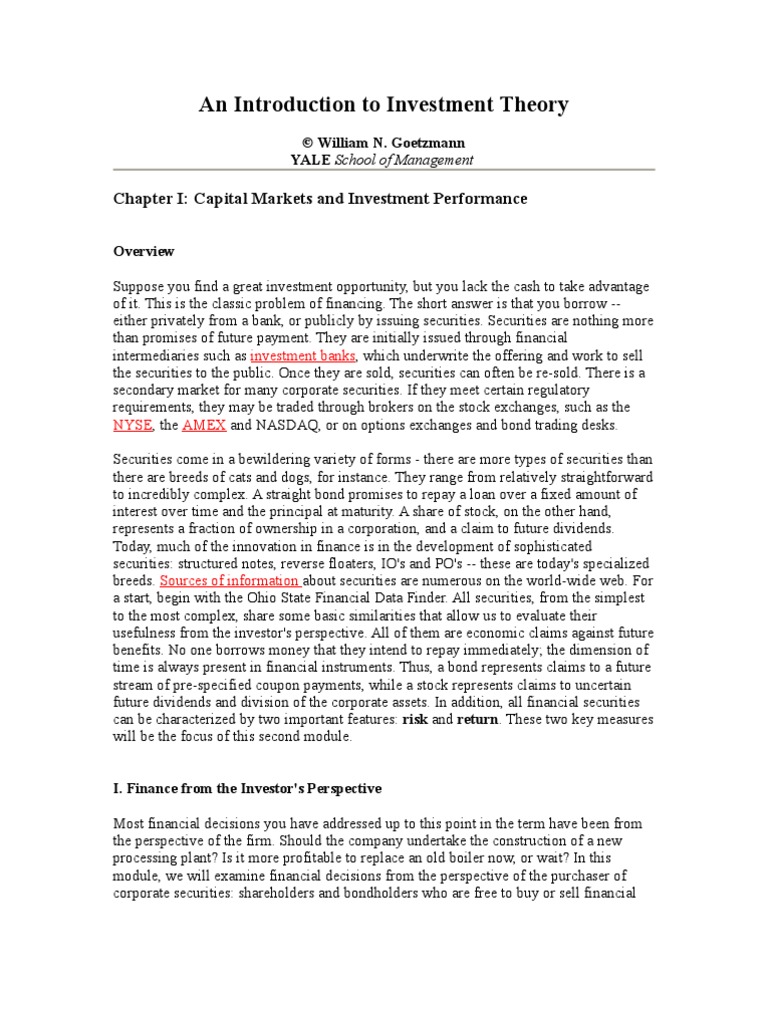 An Introduction To Investment Theory | PDF | Securities (Finance ...