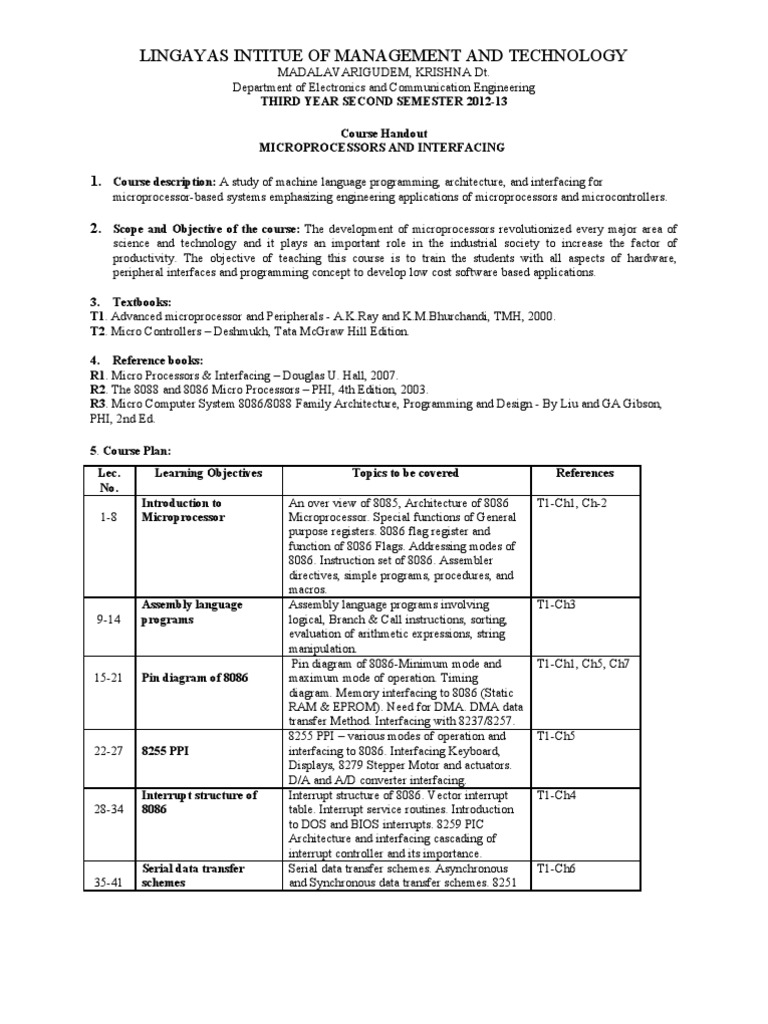 Microprocessors and Interfacing: A Comprehensive Course Handout on the Architecture, Programming ...