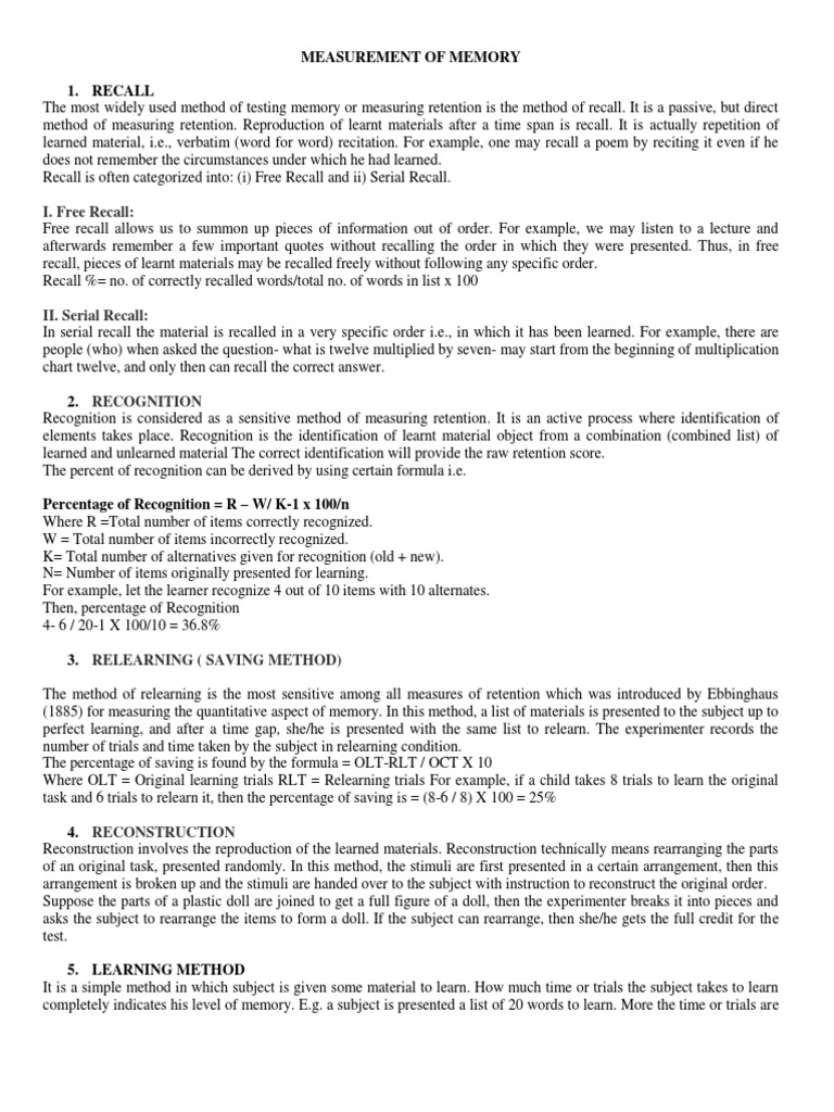 Measurement of Memory | PDF | Recall (Memory) | Memory