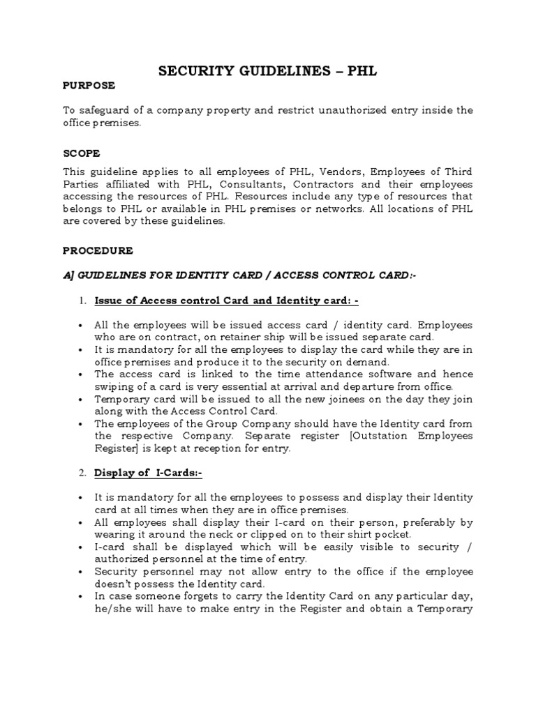 Security Guidelines - PHL: Purpose | PDF | Identity Document | Access Control