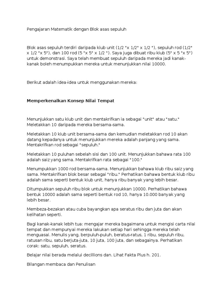 Pengajaran Matematik Dengan Blok Asas Sepuluh | PDF