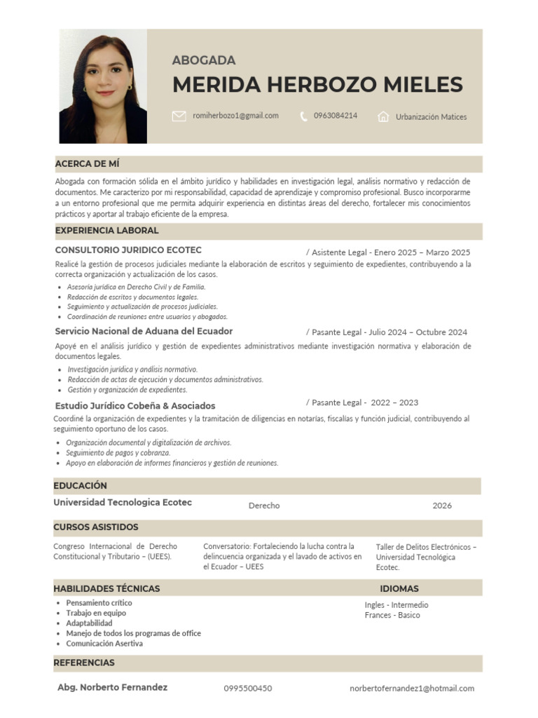 Merida Romina Herbozo Mieles - Hoja de Vida 2026 | PDF | Abogado