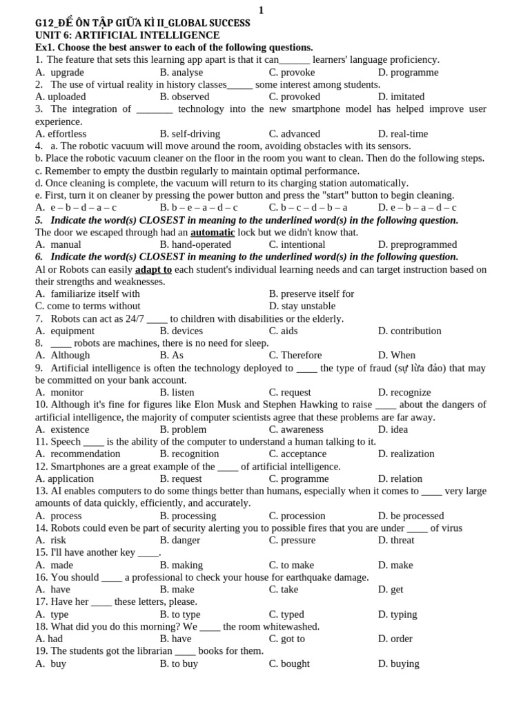 g12 - đề Ôn Tập Giữa Kì Ii - global Success - 2 | PDF | Artificial ...
