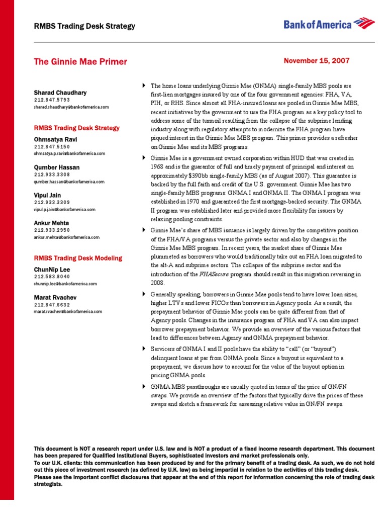 Ginnie Mae 2007 Bank Of America Primer Pdf Mortgage Backed Security