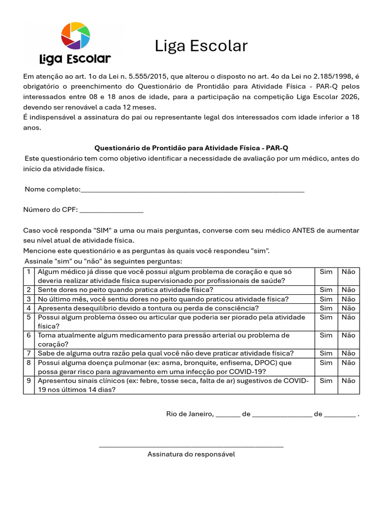 Formulario de Par Q Liga Escolar | PDF