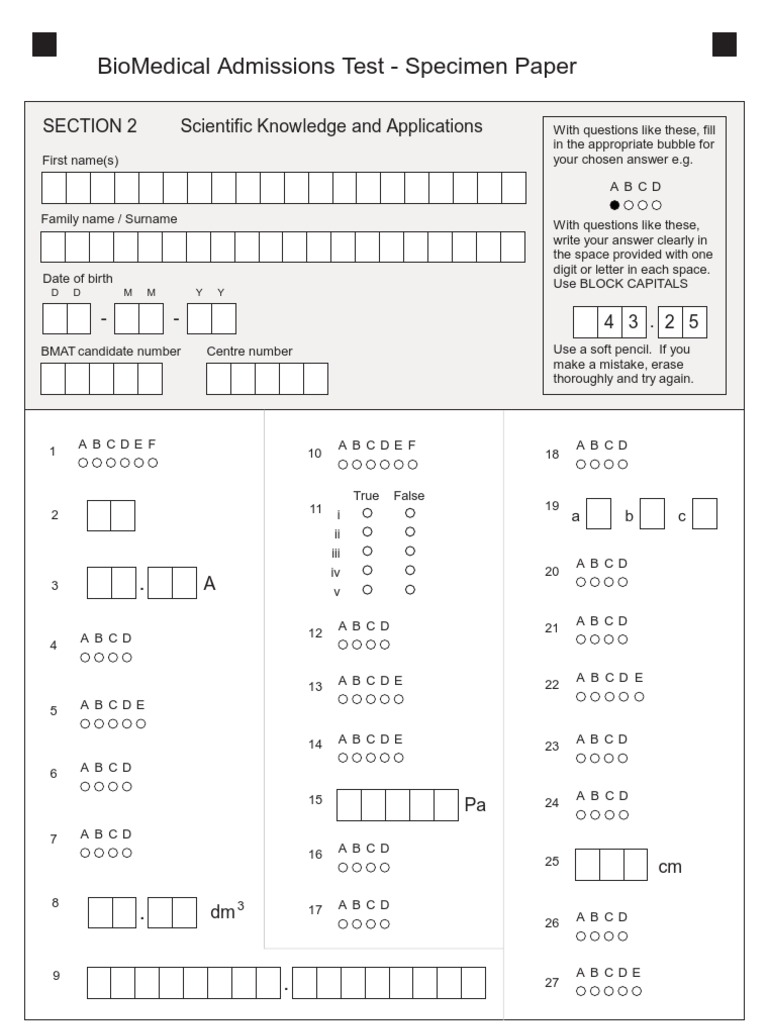 BMAT Specimen Paper: Section 2 Guide | PDF | Teaching Methods & Materials