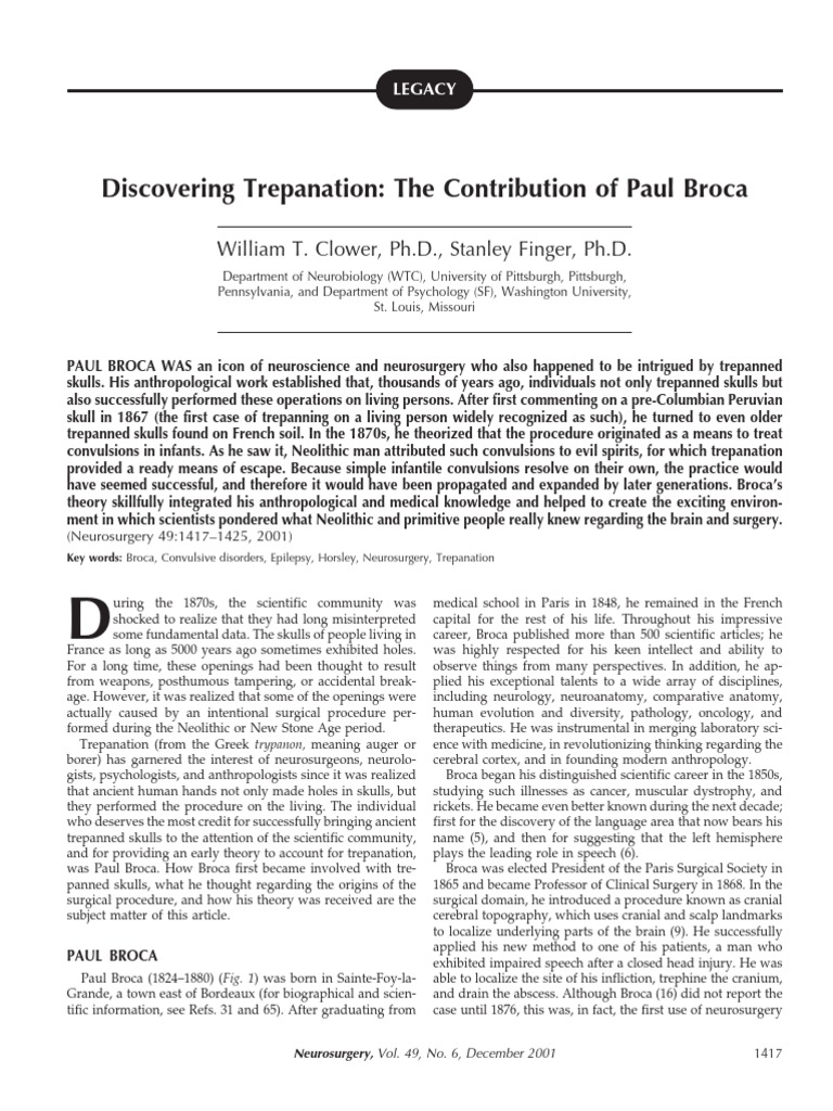 Clower and Finger Discovering Trepanation The Contributio of Paul Broca ...
