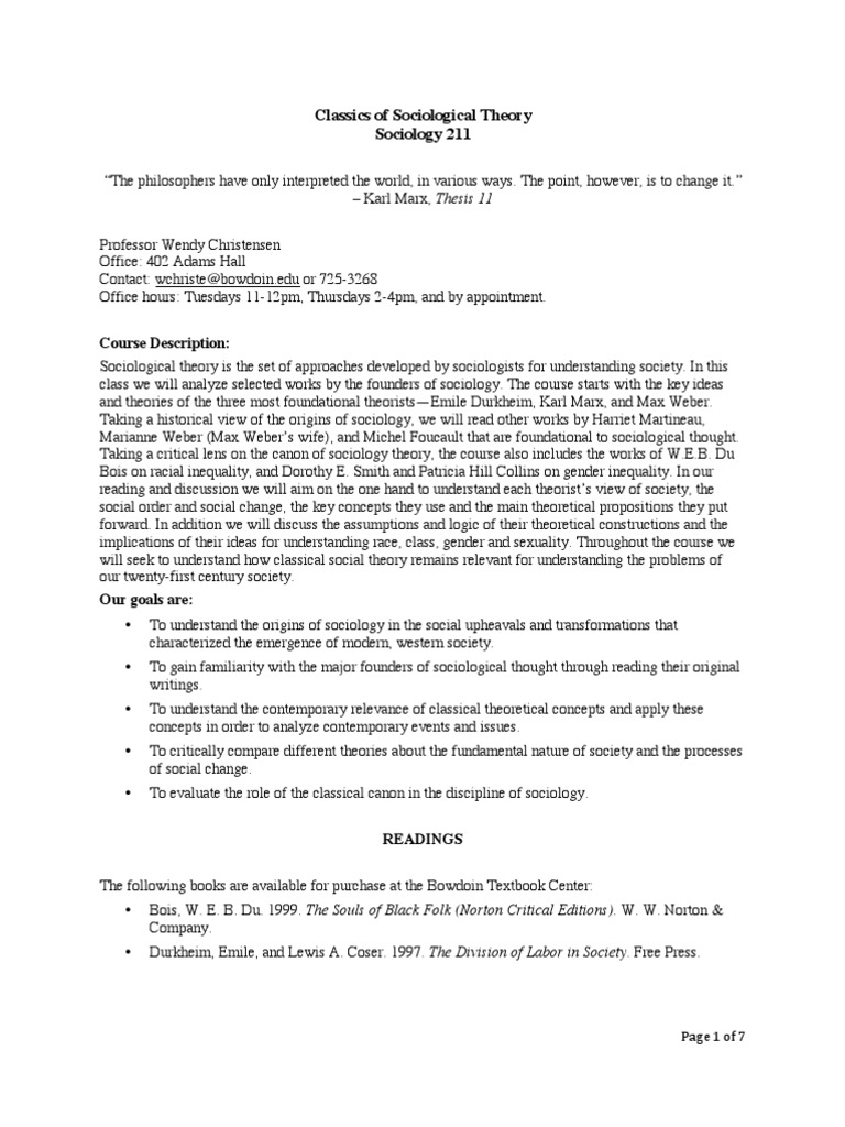 Classical Sociological Theory Syllabus | PDF | Sociology | Karl Marx