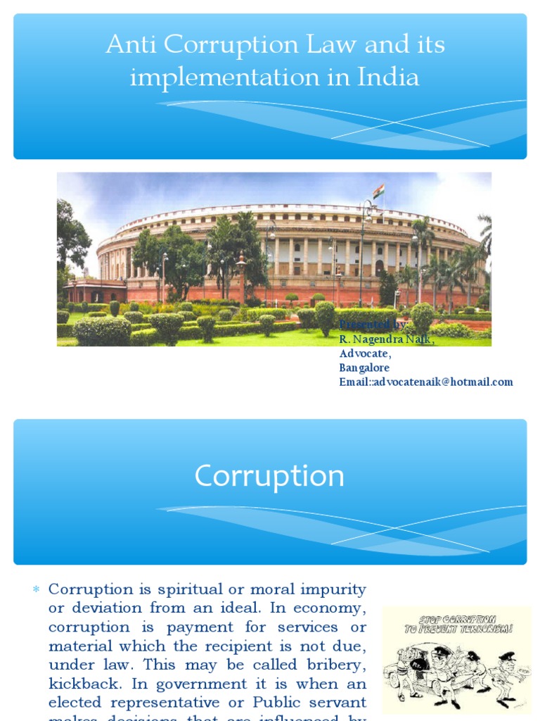 Anti Corruption Law and Its Implementation in India: Presented By: R ...