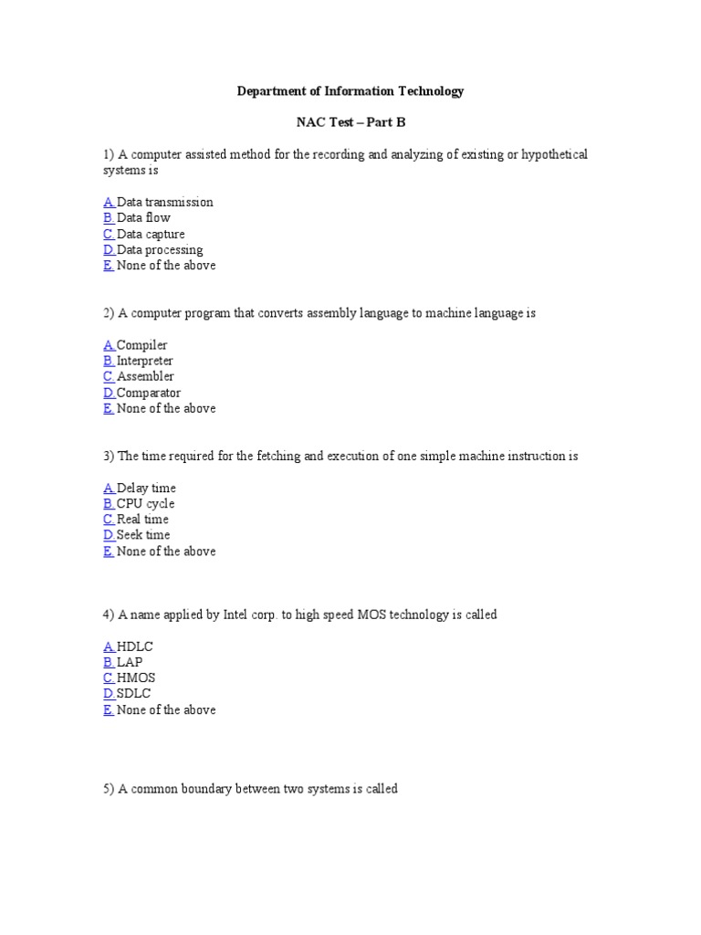 A. B. C. D. E.: Department of Information Technology NAC Test - Part B ...
